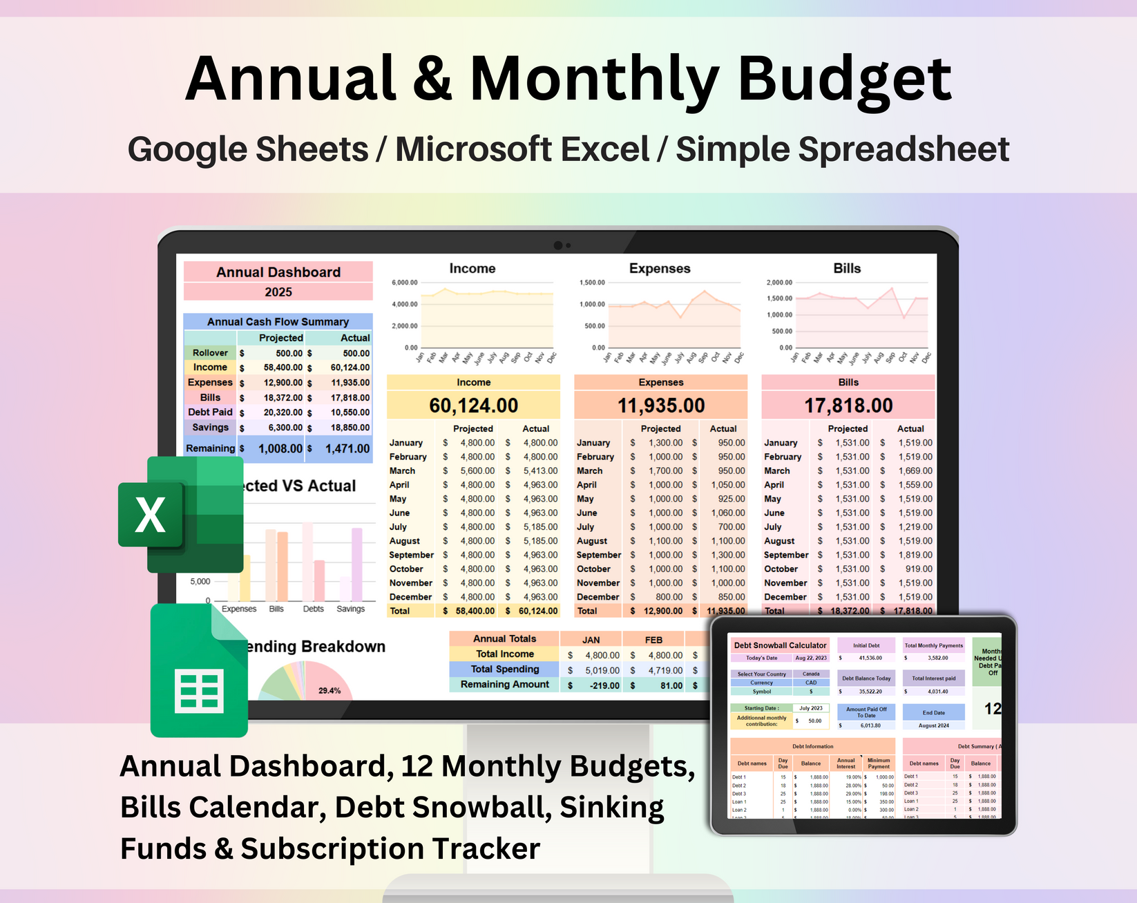 Annual & Monthly Budget Spreadsheet | Excel & Google Sheets
