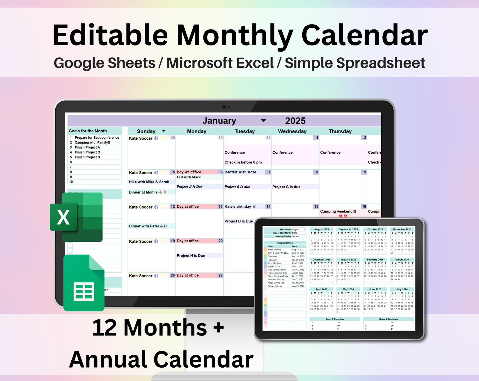 Editable Monthly Calendar Spreadsheet Google Sheets and Excel Template