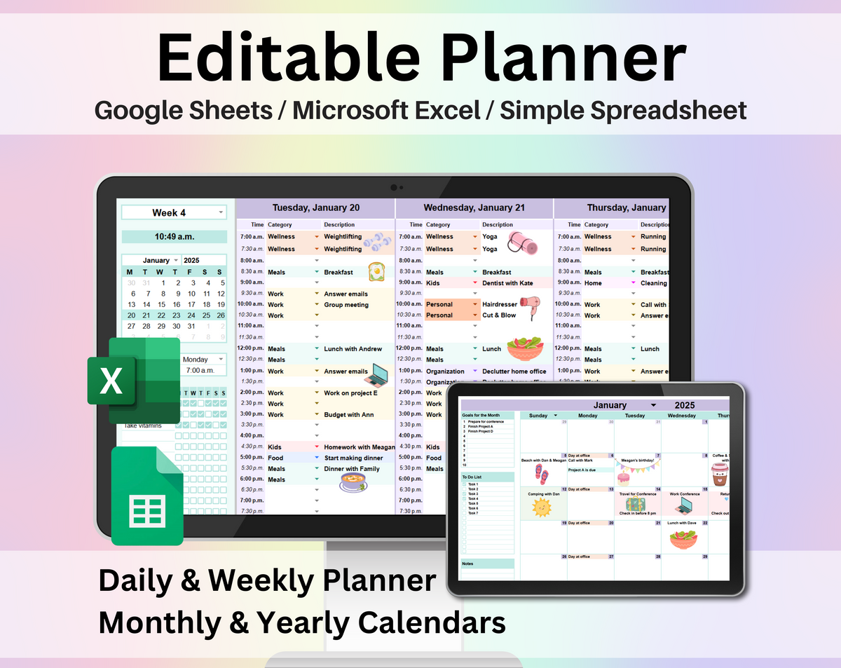 Editable Planner Google Sheets and Excel Digital Planner Template