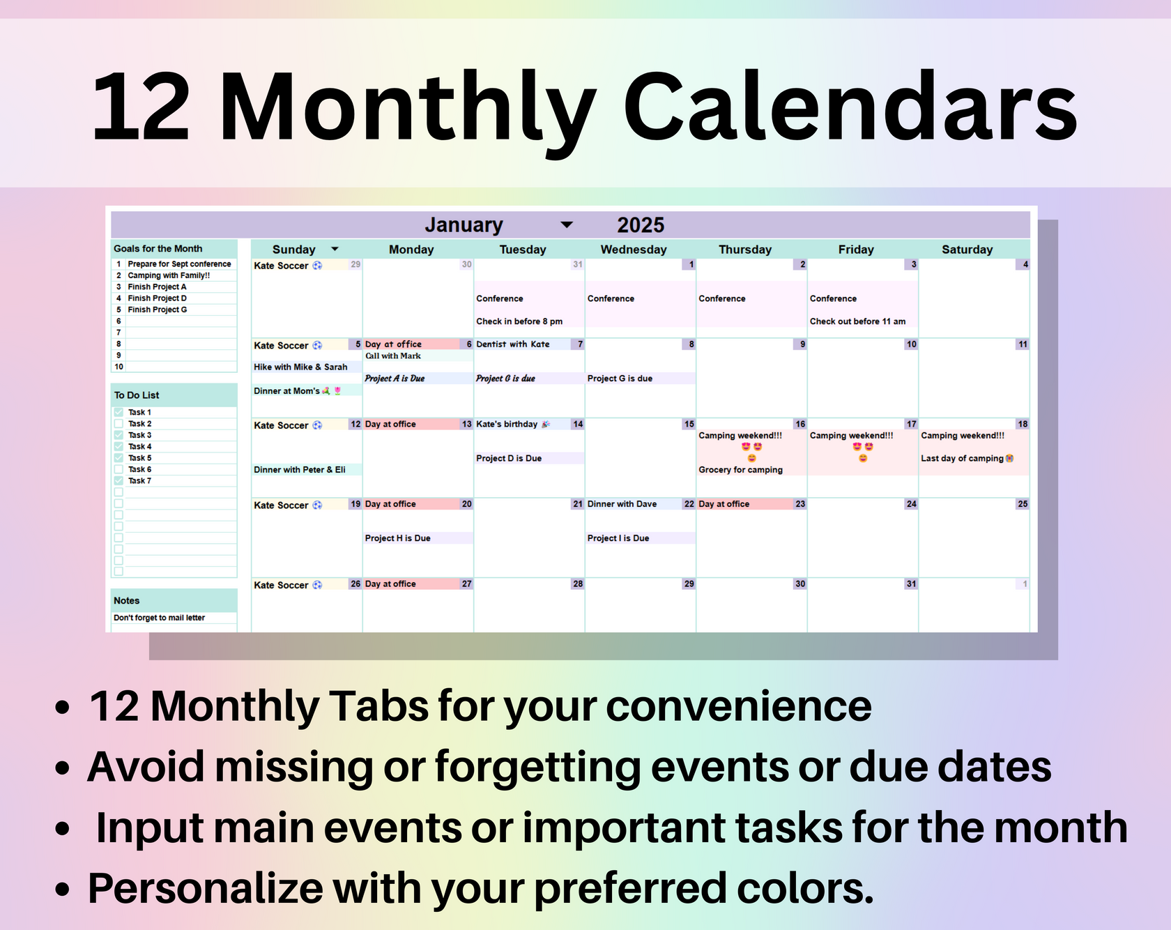 Editable Monthly Calendar Spreadsheet Google Sheets and Excel Template