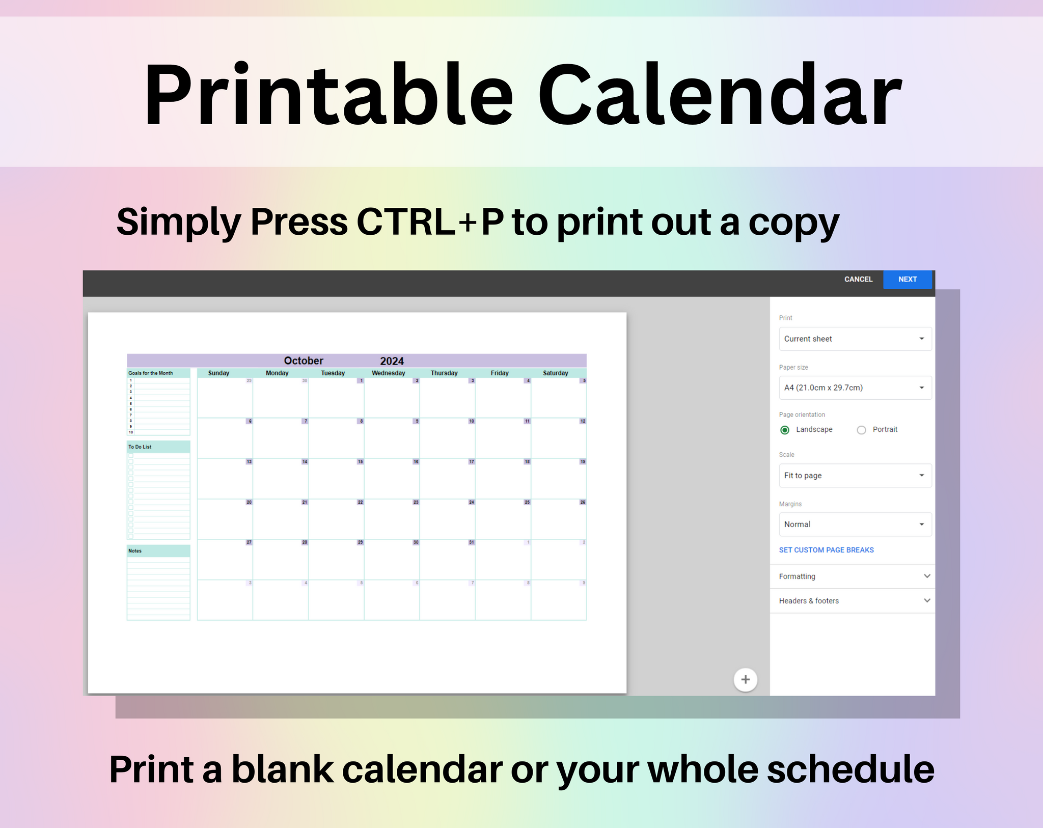Editable Monthly Calendar Spreadsheet Google Sheets and Excel Template