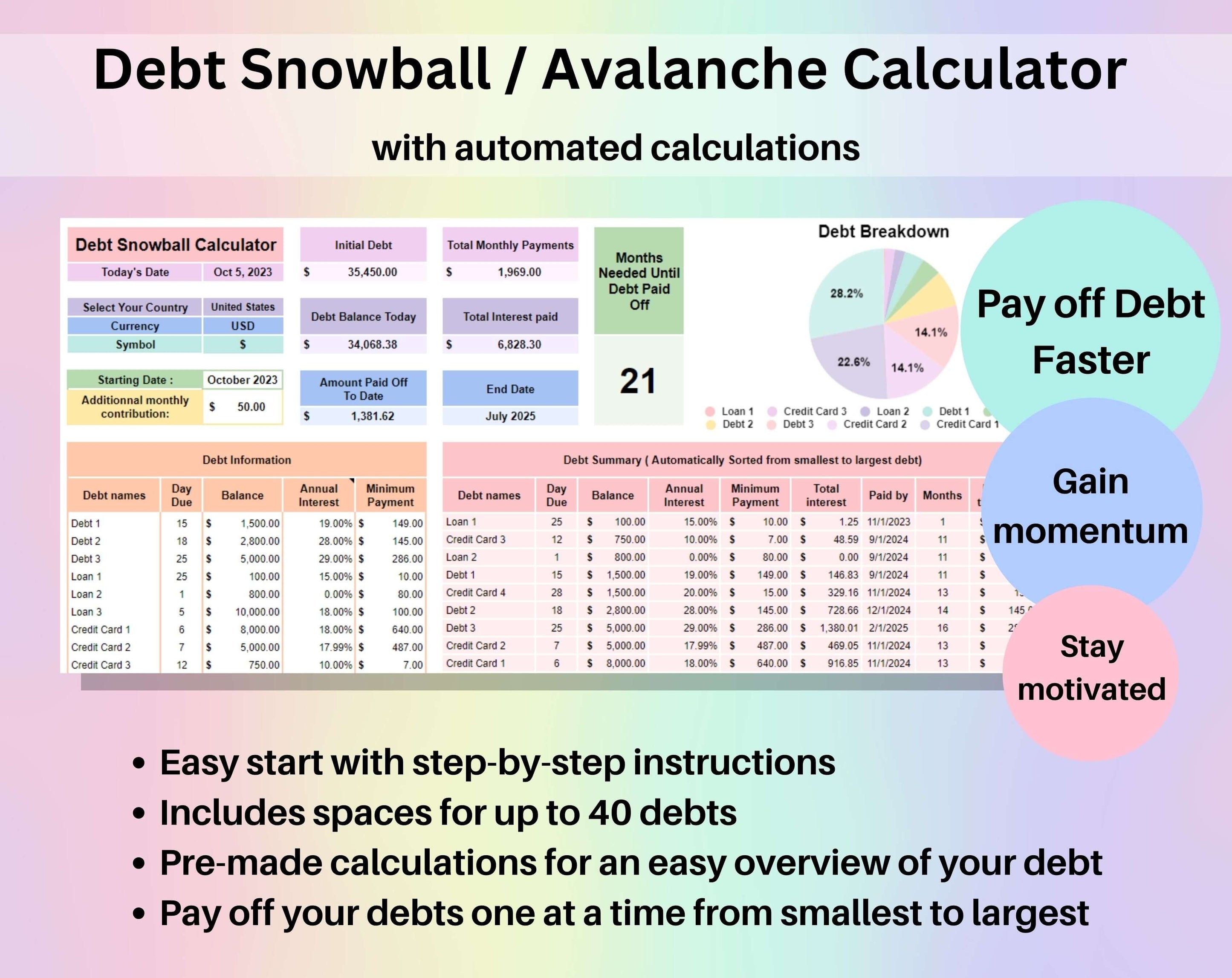 Debt Snowball / Avalanche Calculator Spreadsheet Template