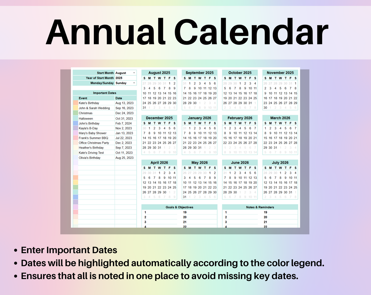 Editable Monthly Calendar Spreadsheet Google Sheets and Excel Template