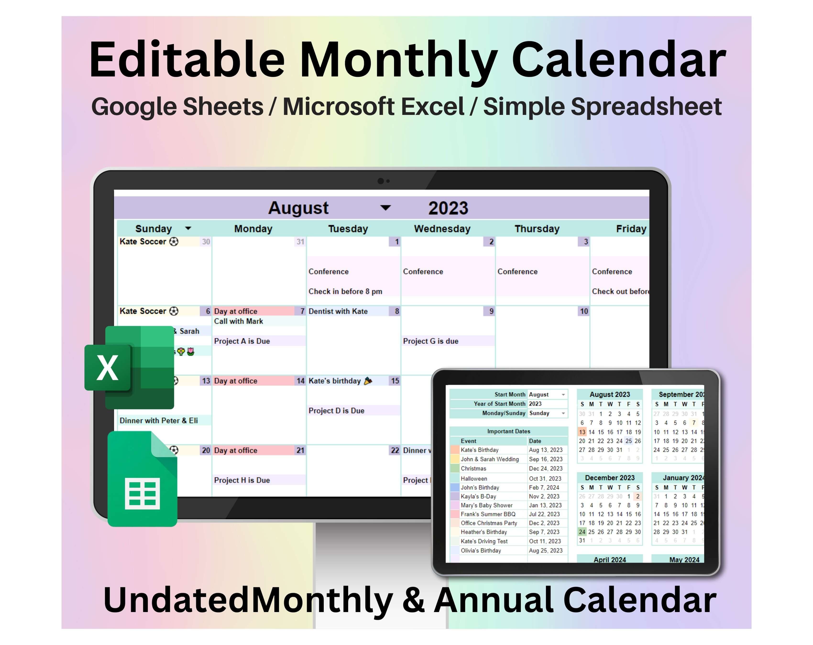 Editable Monthly Calendar Spreadsheet Google Sheets and Excel Template