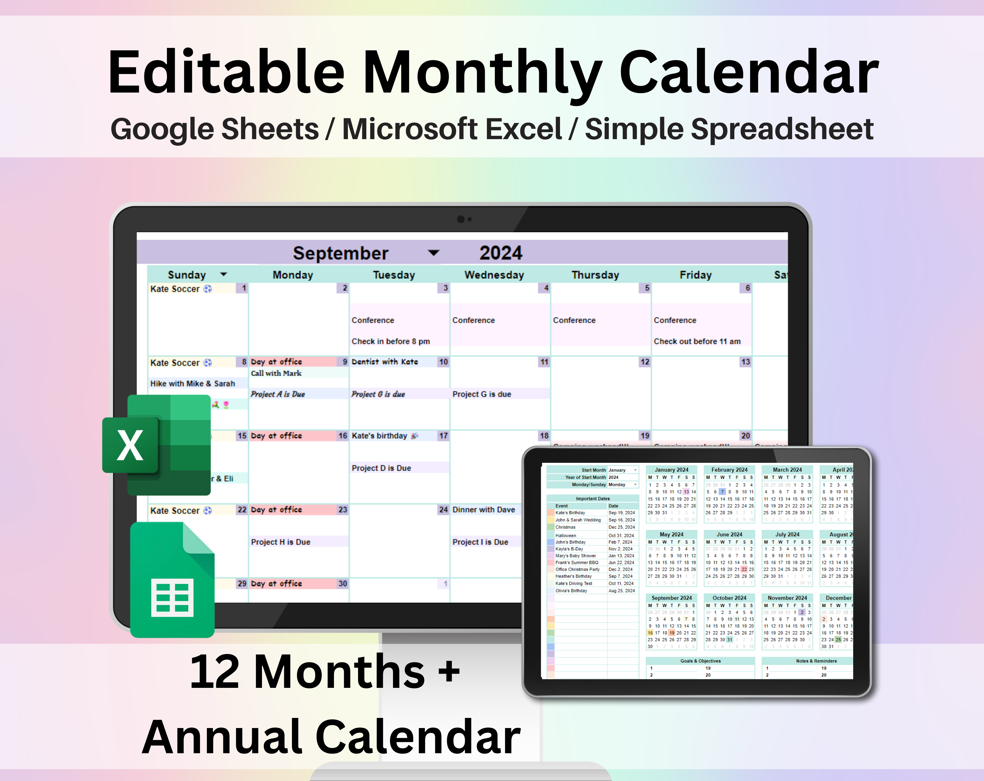 Editable Monthly Calendar Spreadsheet Google Sheets and Excel Template