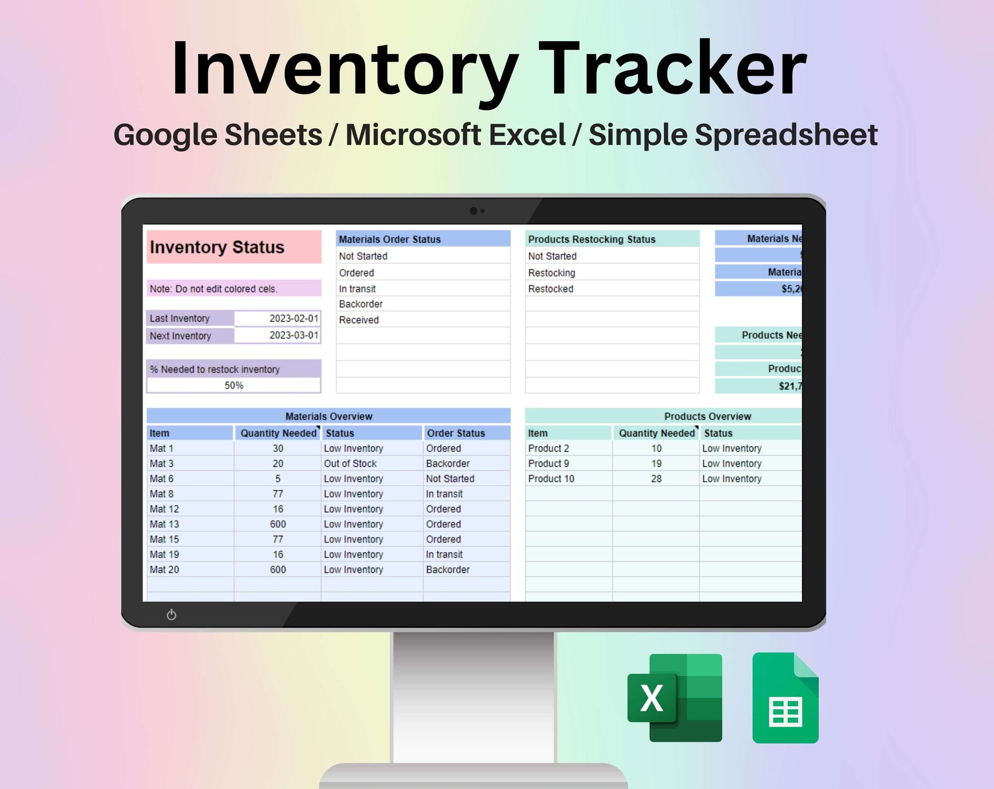 Inventory Tracker & Manager Spreadsheet Google Sheets and Excel Templa