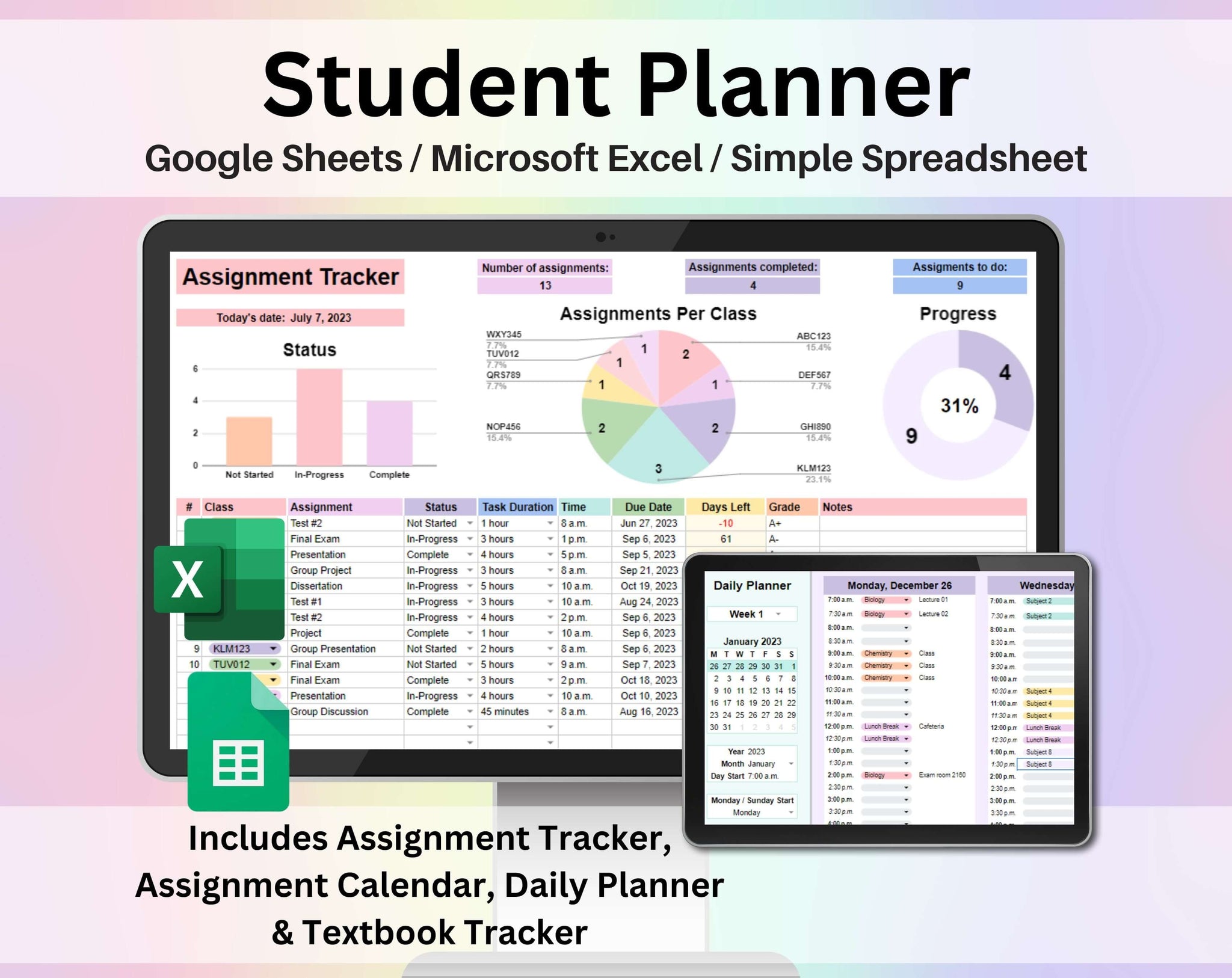 Student Planner & Assignment Tracker Google Sheets and Excel Template