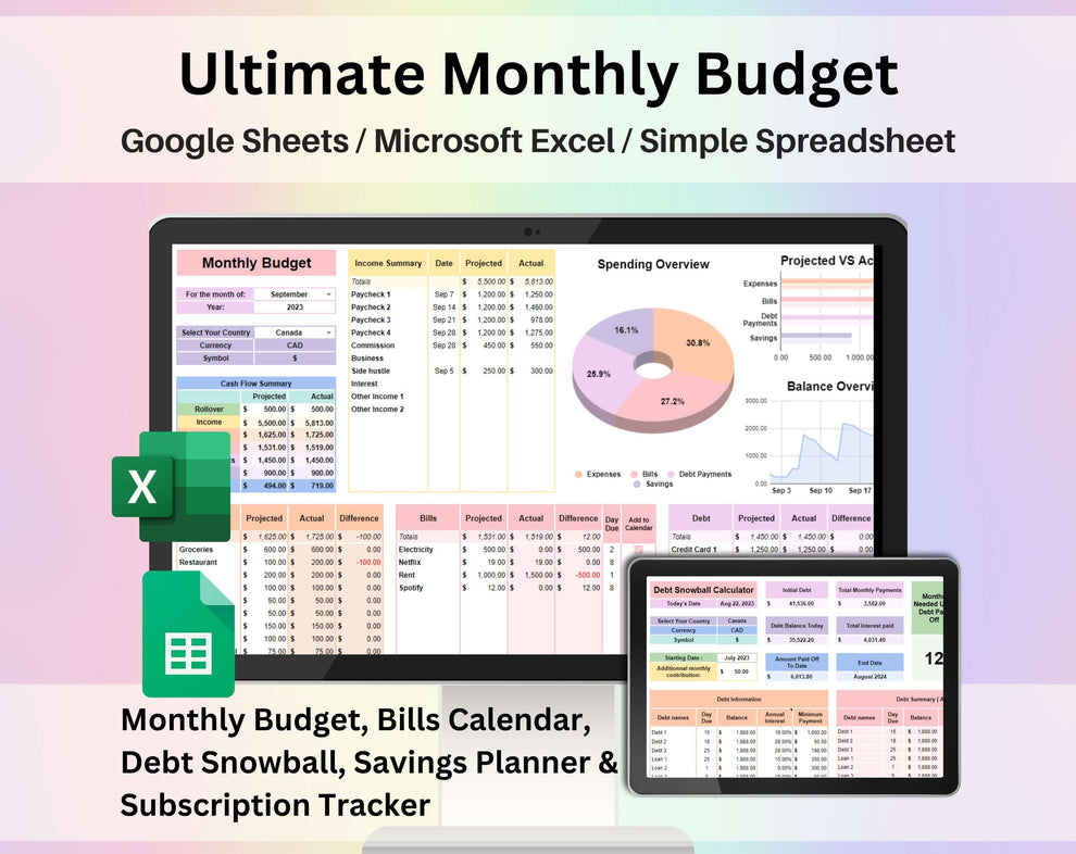 Ultimate Monthly Budget Spreadsheet Google Sheets and Excel