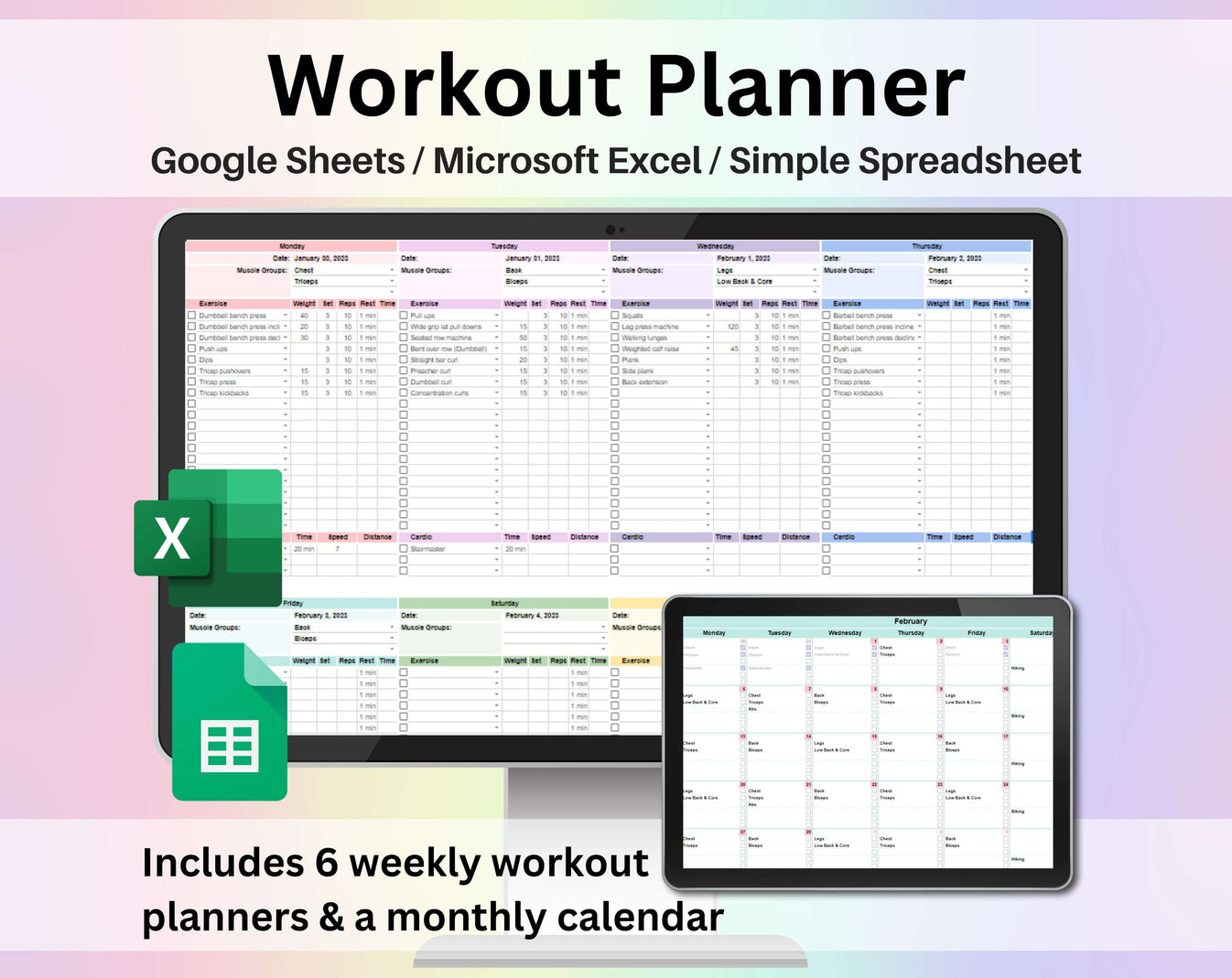 Workout Planner Spreadsheet Google Sheets and Excel Fitness Template
