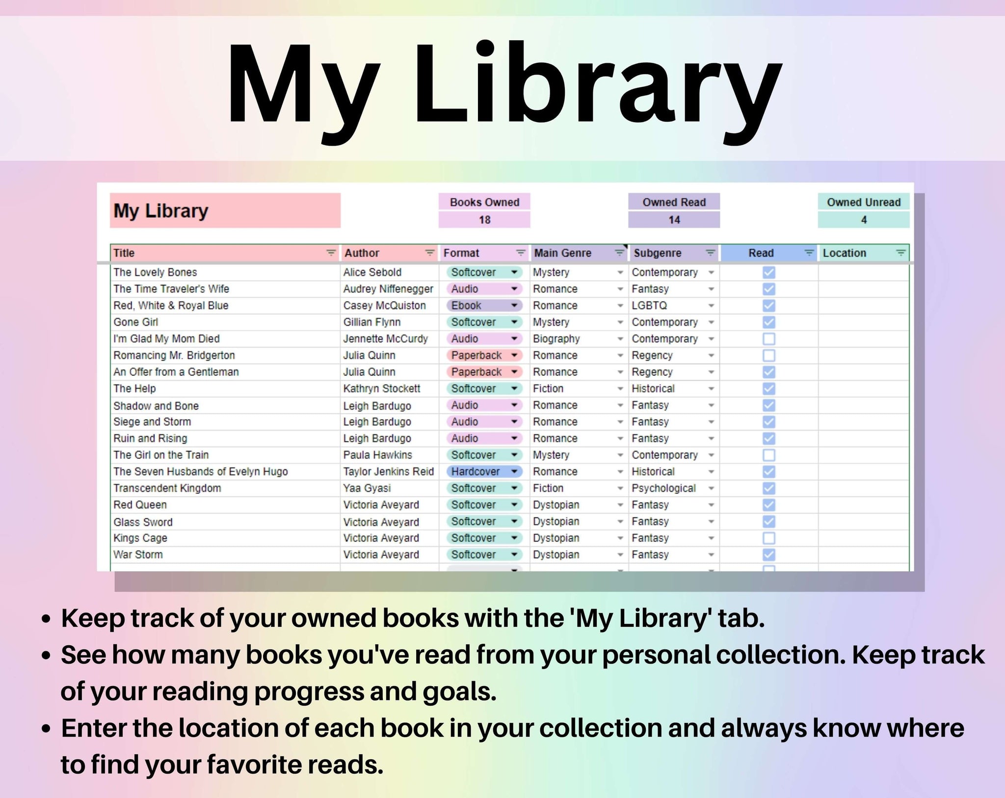 Book Tracker & Reading List Spreadsheet Google Sheets Excel