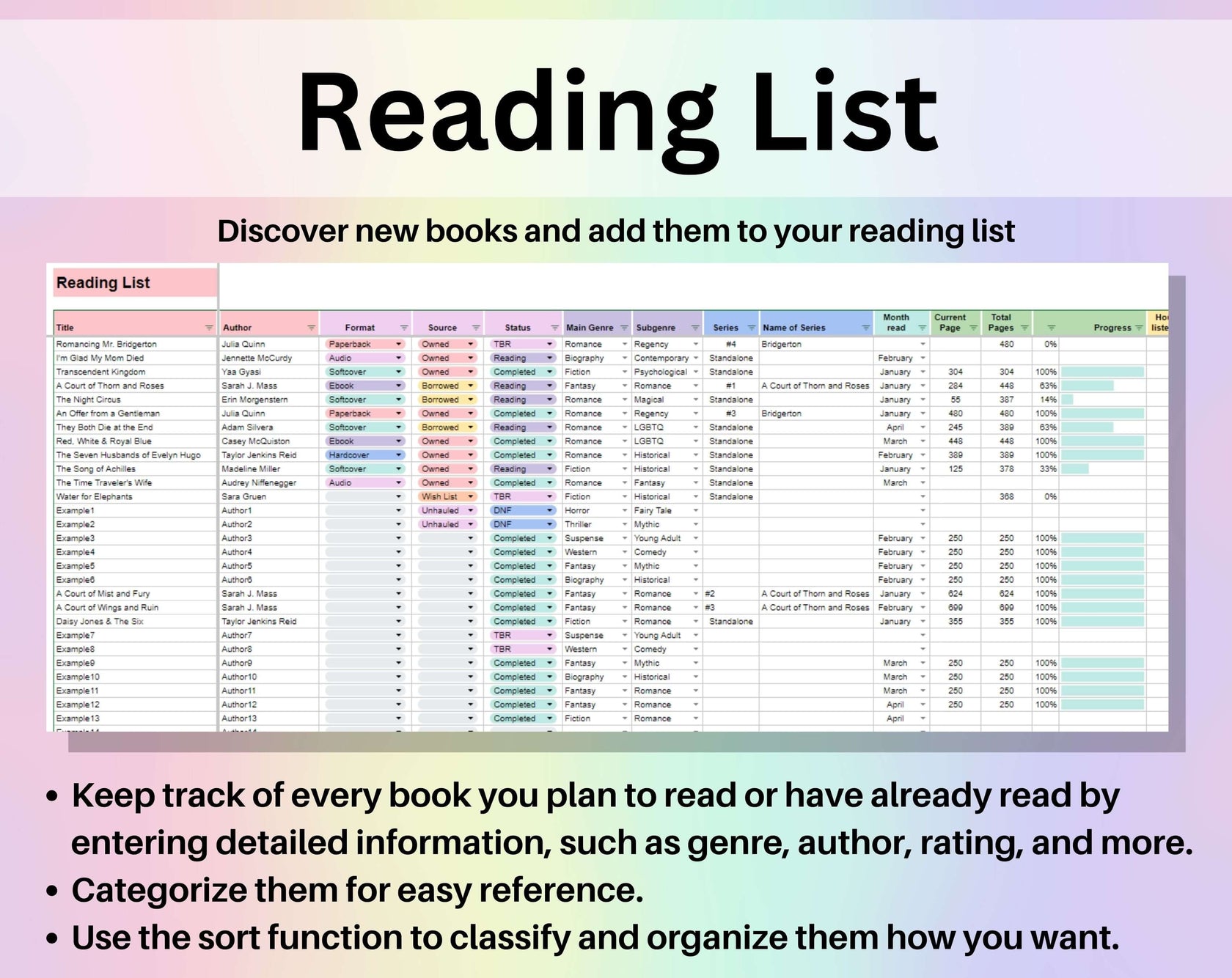 Book Tracker & Reading List Spreadsheet Google Sheets Excel