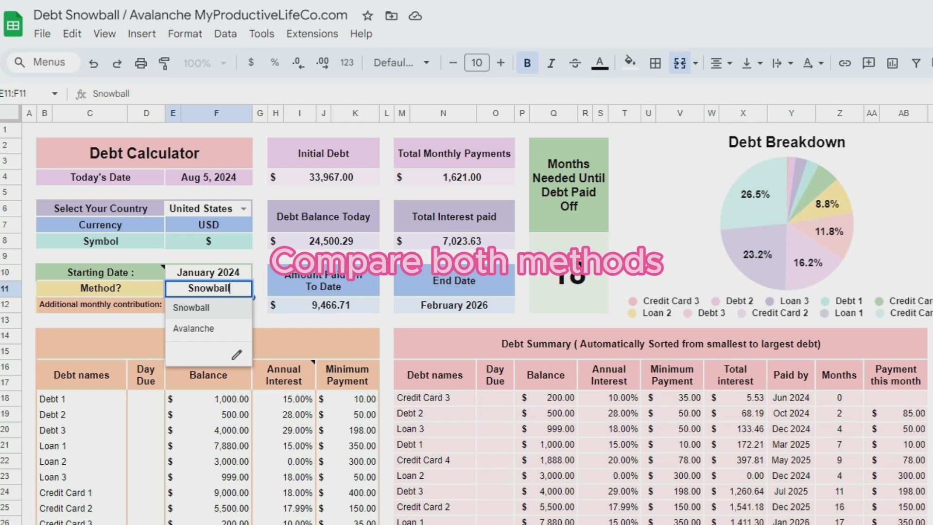 Debt Snowball / Avalanche Calculator Spreadsheet Template