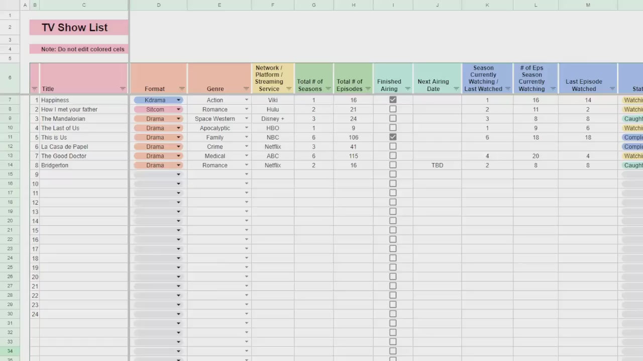 TV Show Tracker Spreadsheet Google Sheets and Excel Television Series