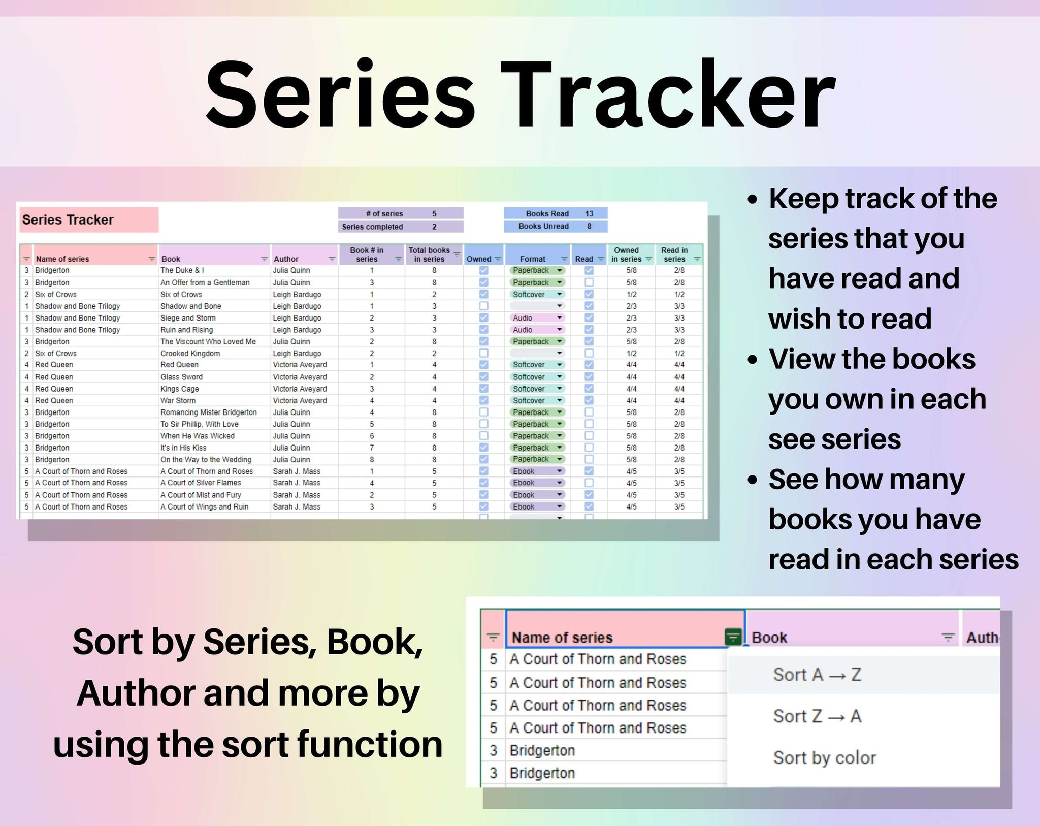 Book Tracker & Reading List Spreadsheet Google Sheets Excel