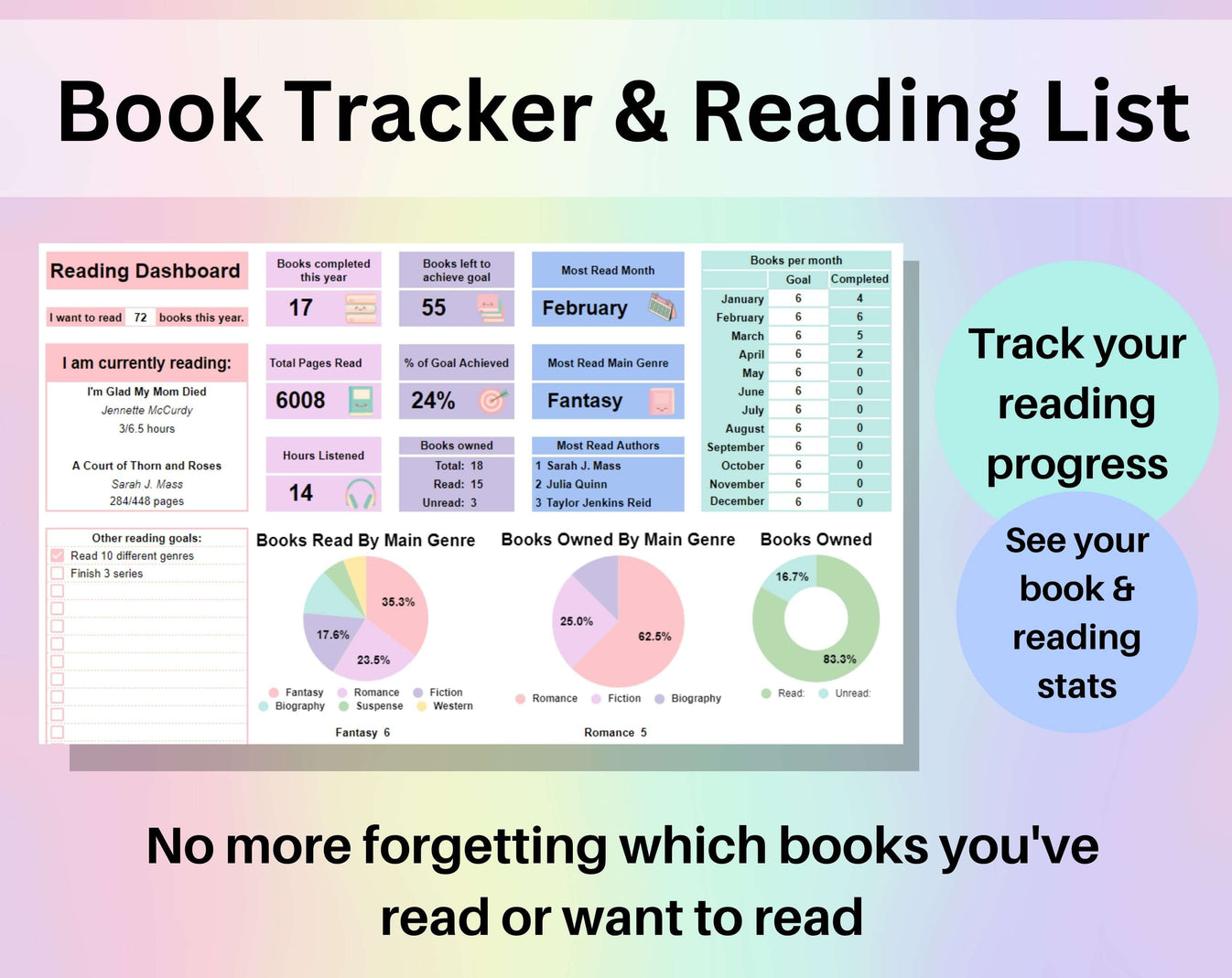 Book Tracker & Reading List Spreadsheet Google Sheets Excel