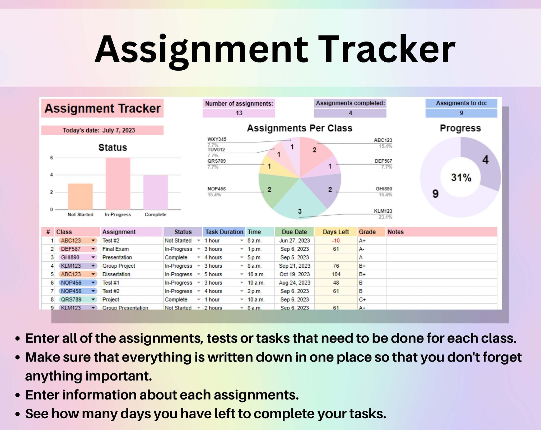 Student Planner & Assignment Tracker Google Sheets and Excel Template