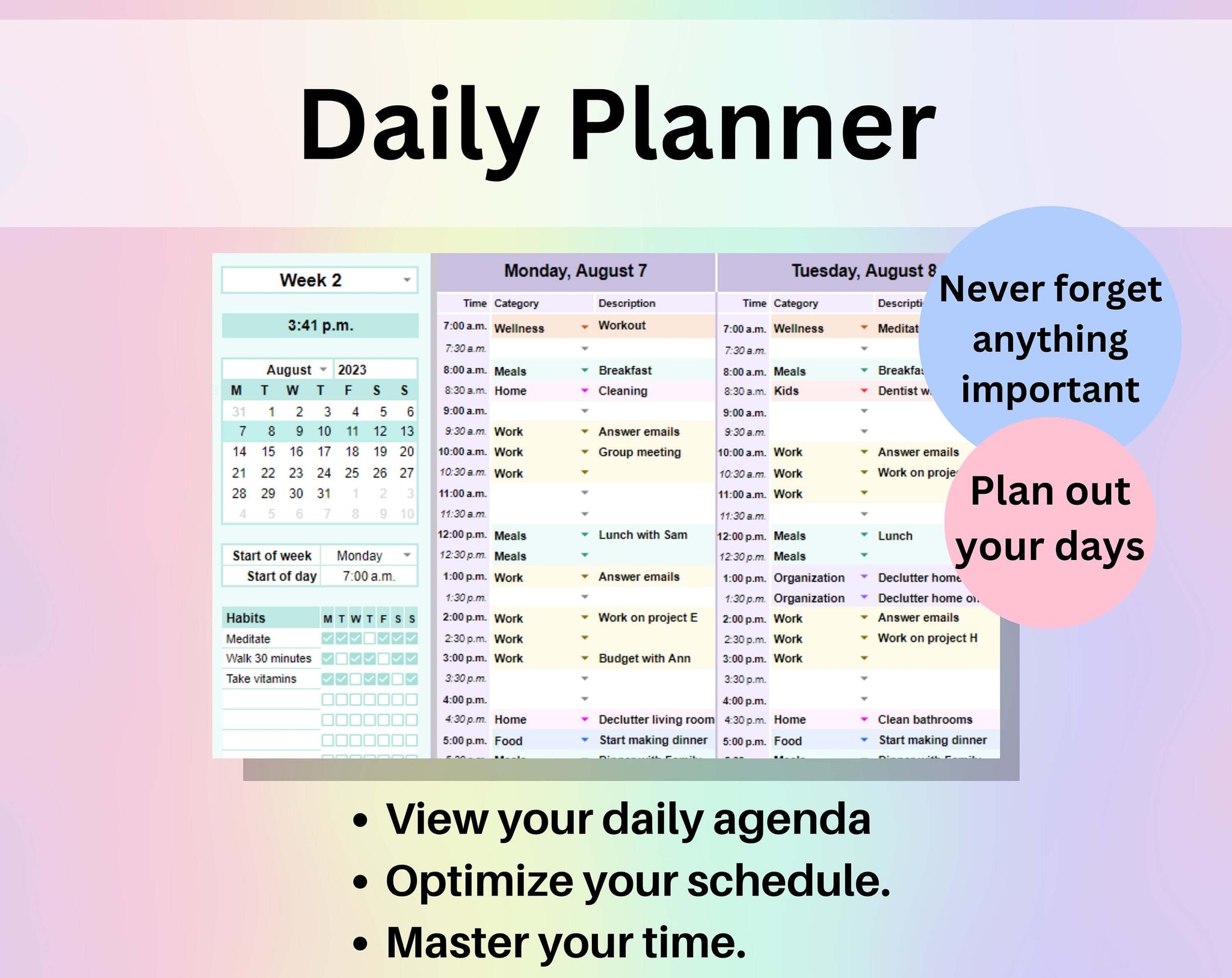 Editable Planner Google Sheets and Excel Digital Planner Template