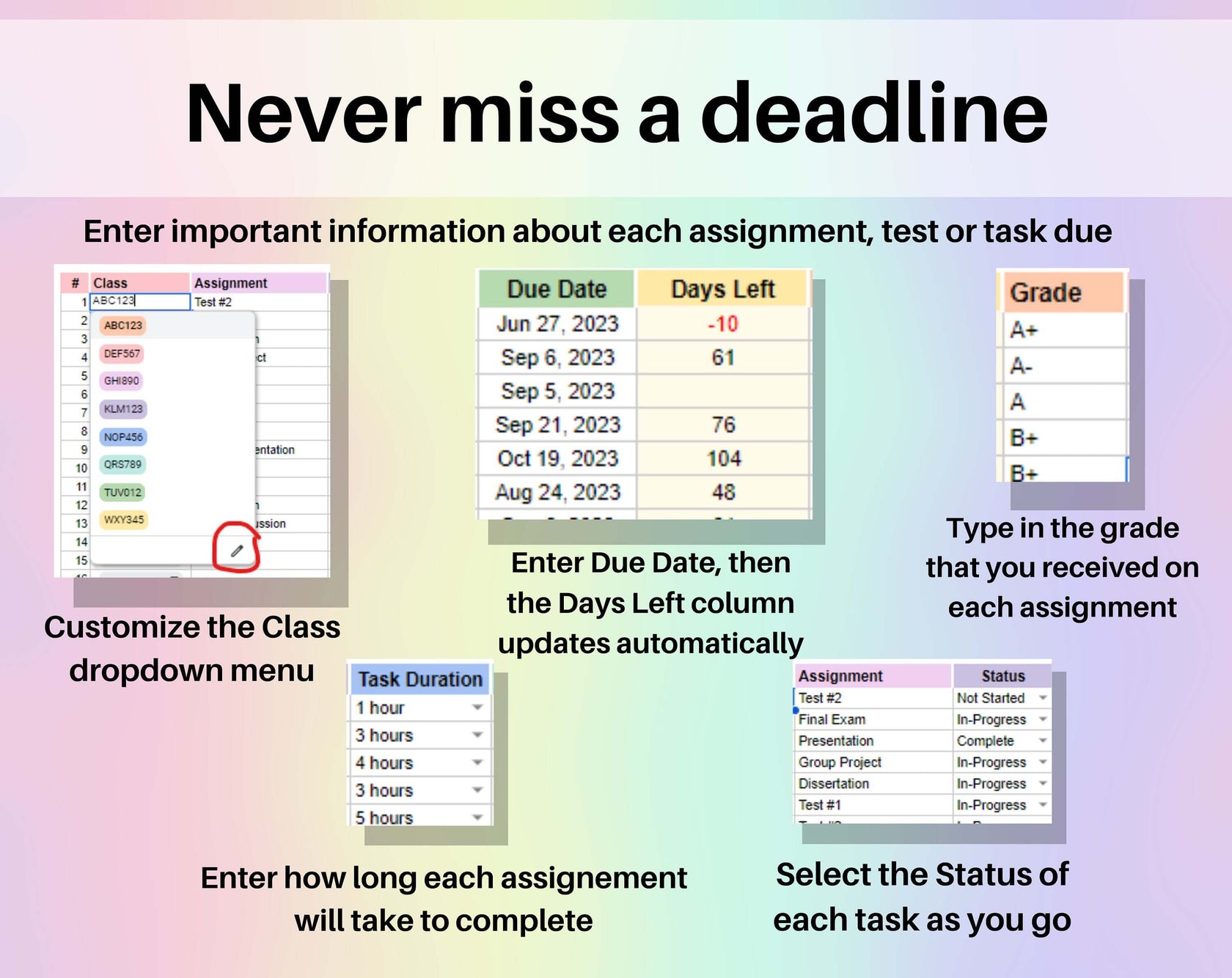 Student Planner & Assignment Tracker Google Sheets and Excel Template
