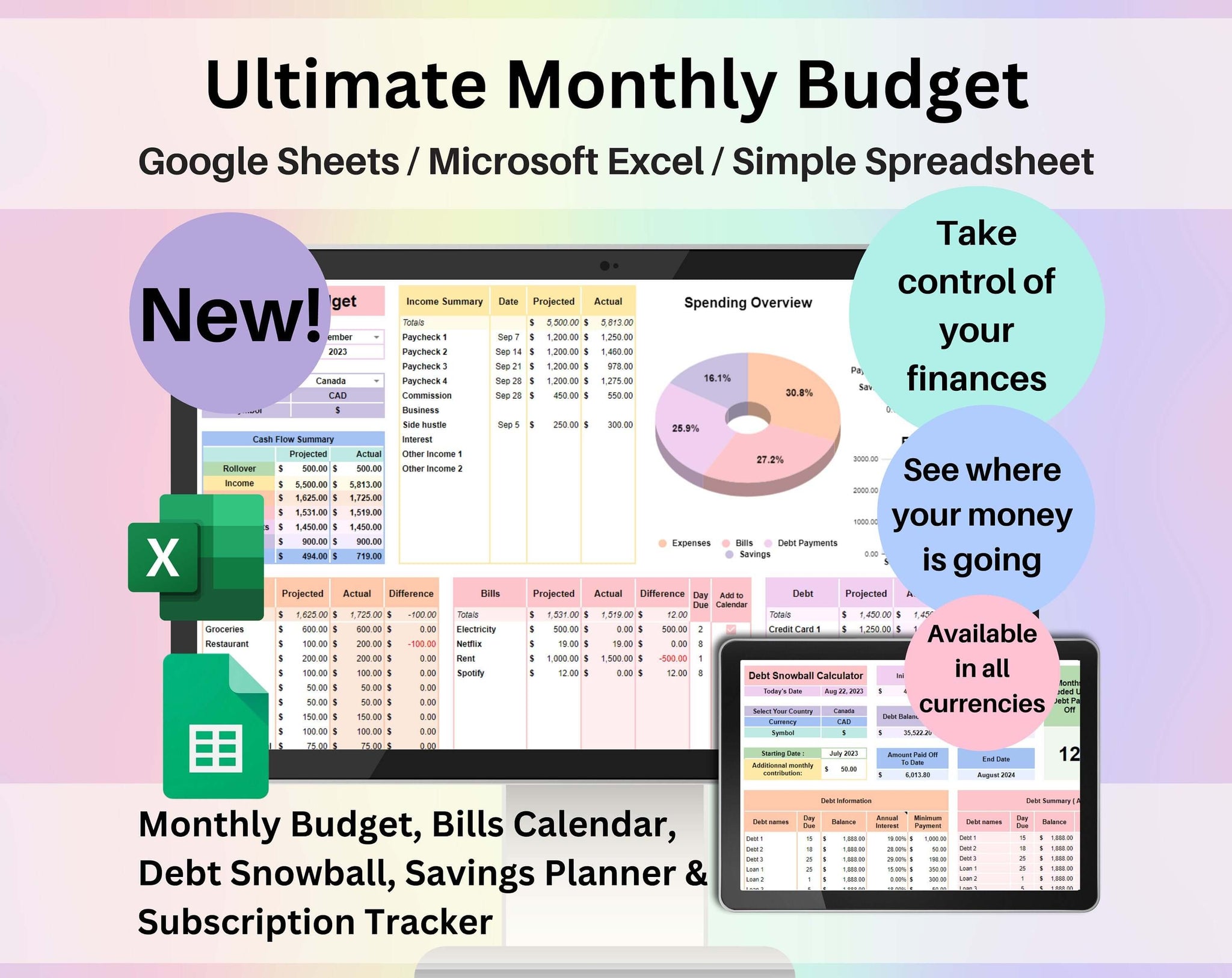 Ultimate Monthly Budget Spreadsheet Google Sheets and Excel