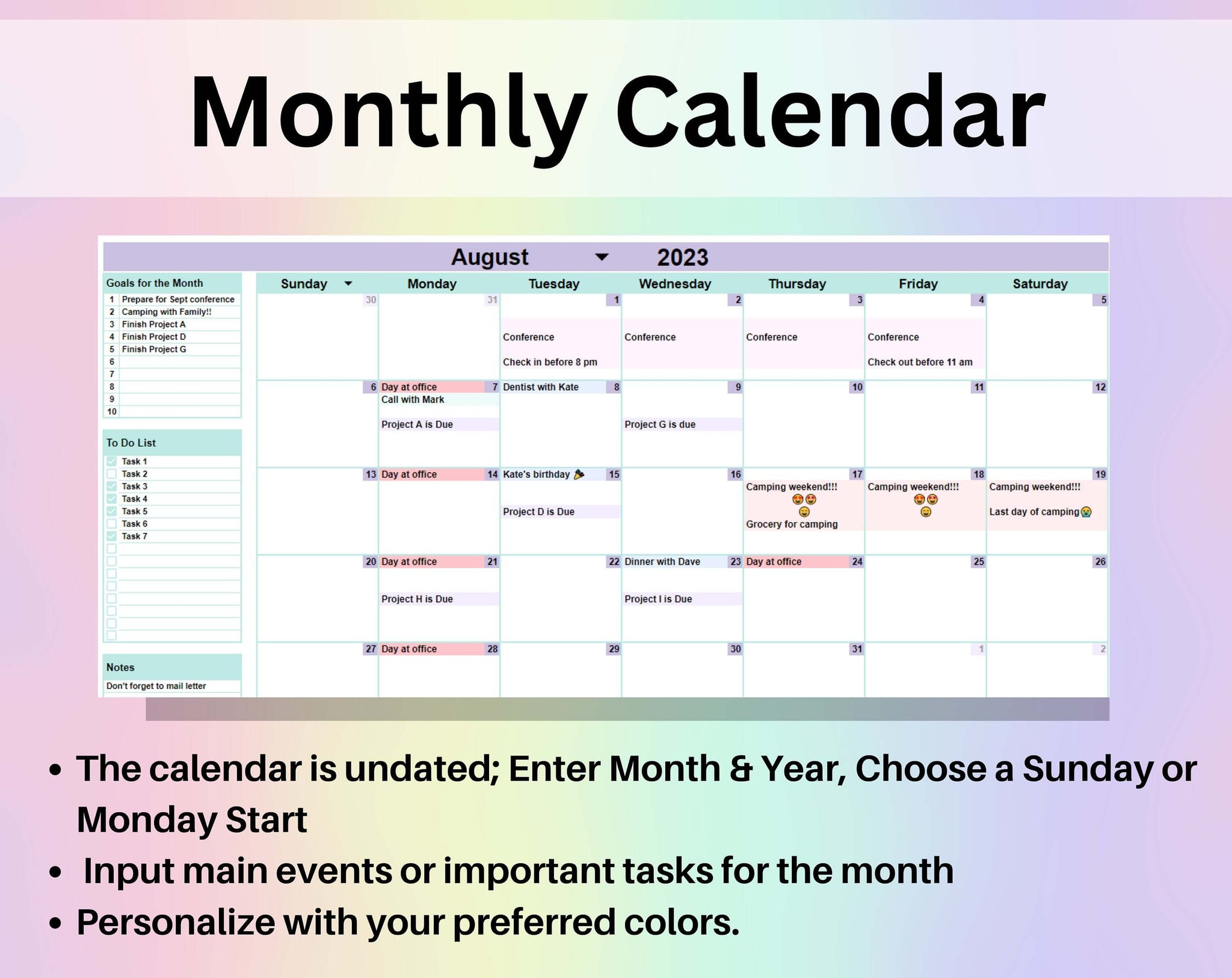 Editable Planner Google Sheets and Excel Digital Planner Template