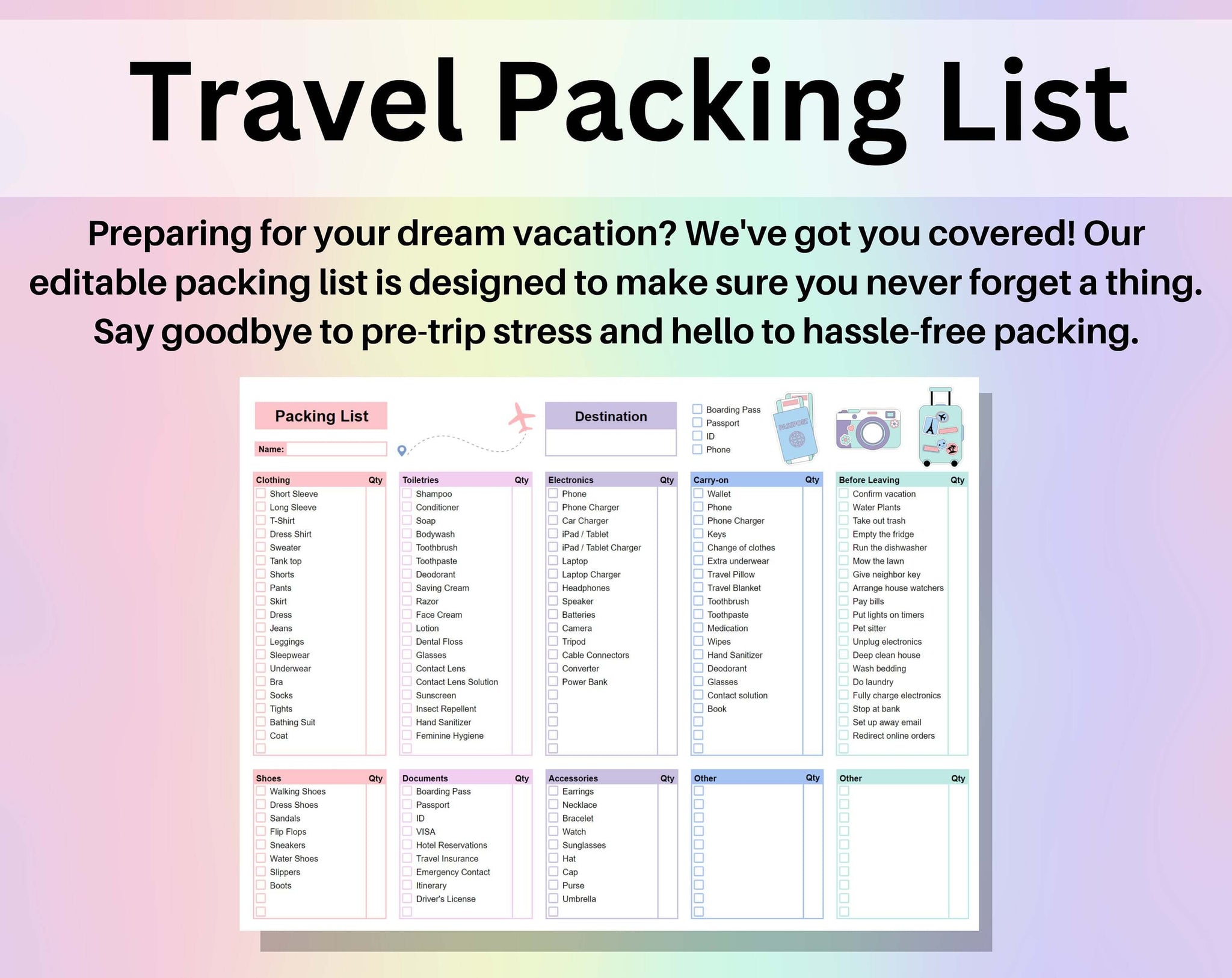Packing List Template Spreadsheet Editable Google Sheets and Excel PDF