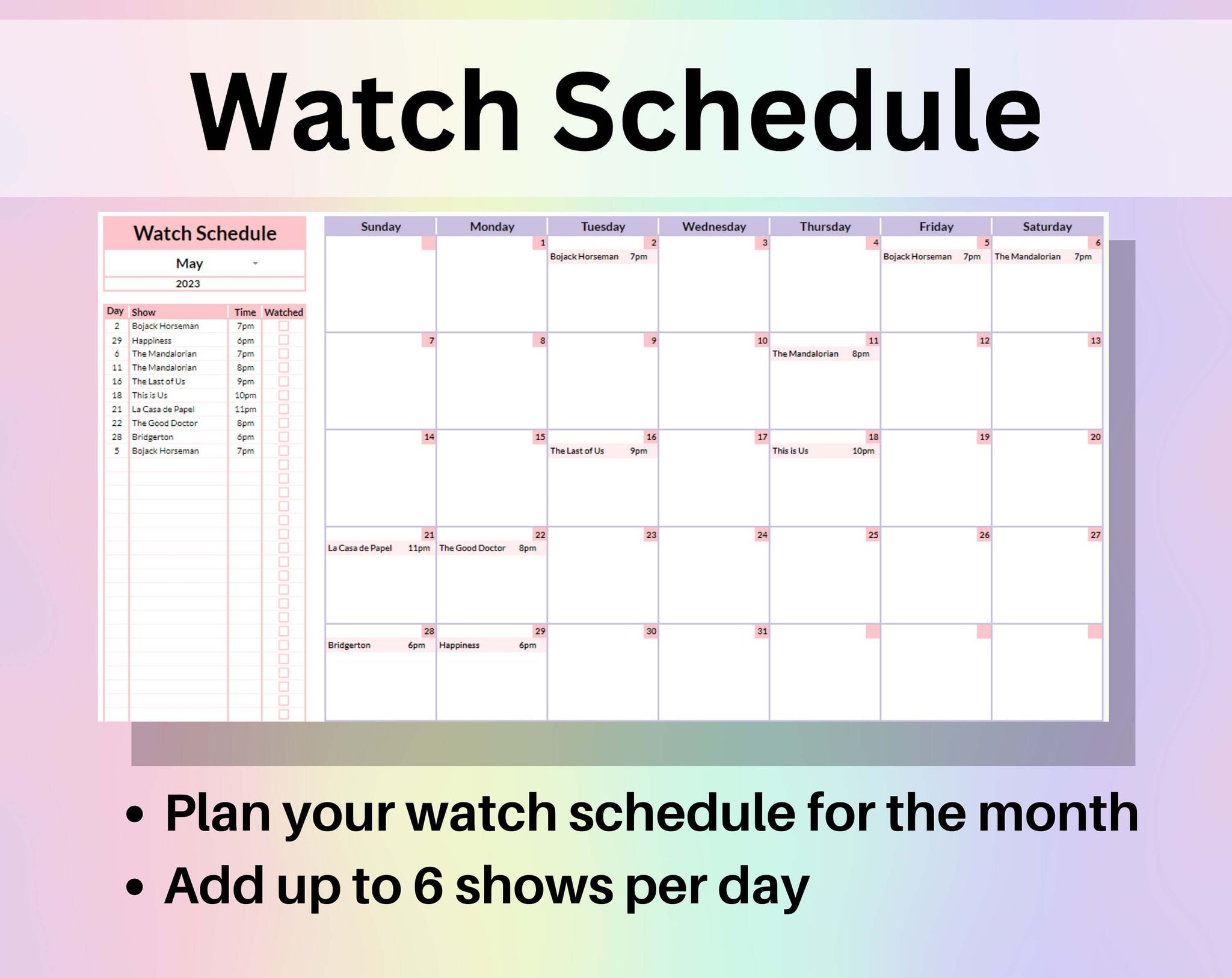 TV Show Tracker Spreadsheet Google Sheets and Excel Television Series ...